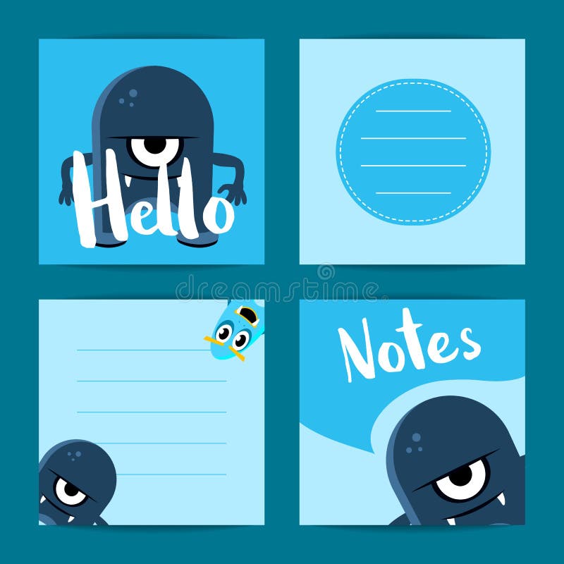 Vector Square Note Cards Set with Cute Cartoon Monsters Stock Vector ...