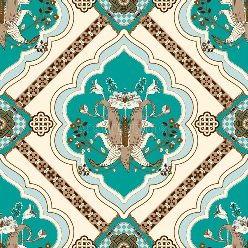 Vector Square Pattern with Lilies and Geometric Ornaments. Geometric ...