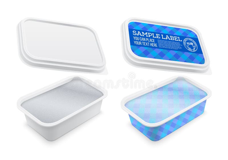 Vector Square Plastic Container Covered with Foil and Labeled. Stock ...