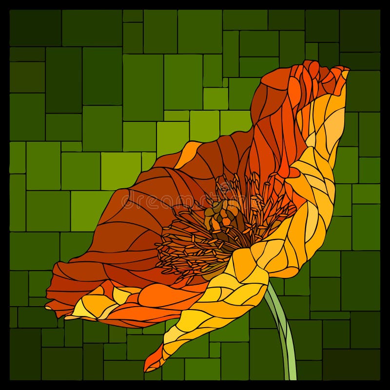 Vector Stained Glass Window with Blooming Poppy. Stock Vector ...
