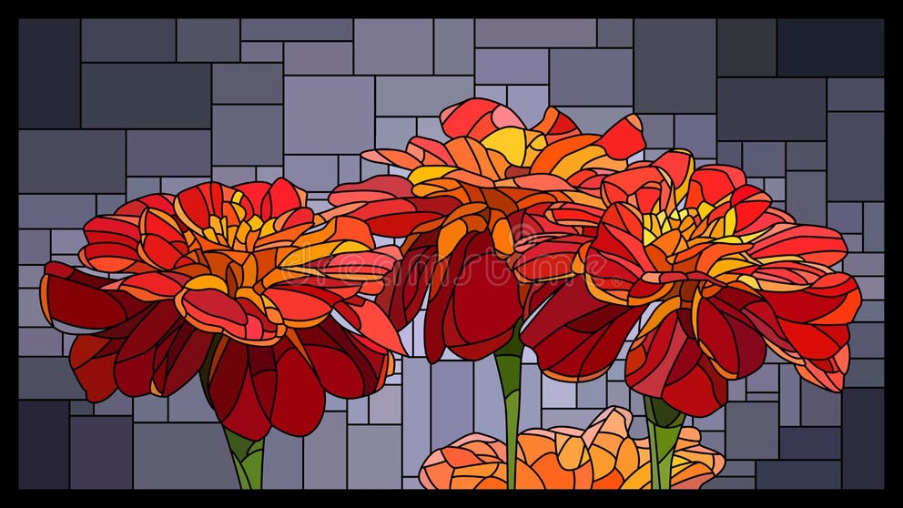 Vector Stained Glass Window with Blooming Red Marigolds. Stock Vector ...