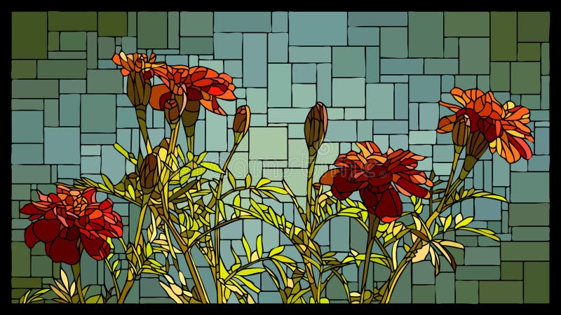 Vector Stained Glass Window with Blooming Red Marigolds. Stock Vector ...