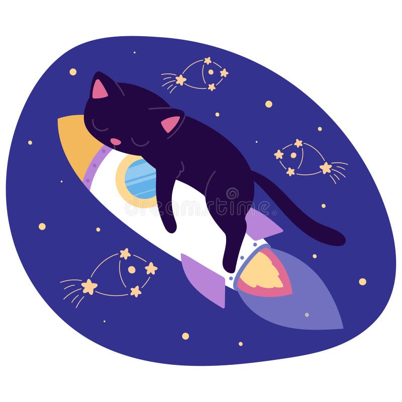 Sticker with a Cute Black Cat in Space, Sleeping on a Rocket Stock ...
