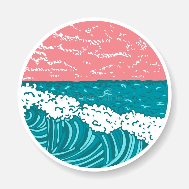 Vector Sticker with Painted Ocean and Waves Stock Vector - Illustration ...