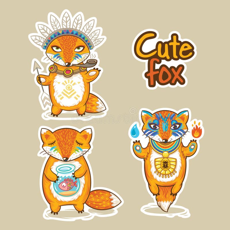 Vector Sticker Set with Little Fox Characters Stock Vector ...