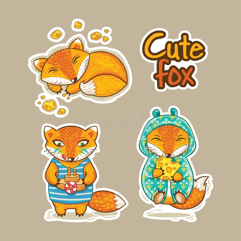 Vector Sticker Set with Little Fox Characters Stock Vector ...