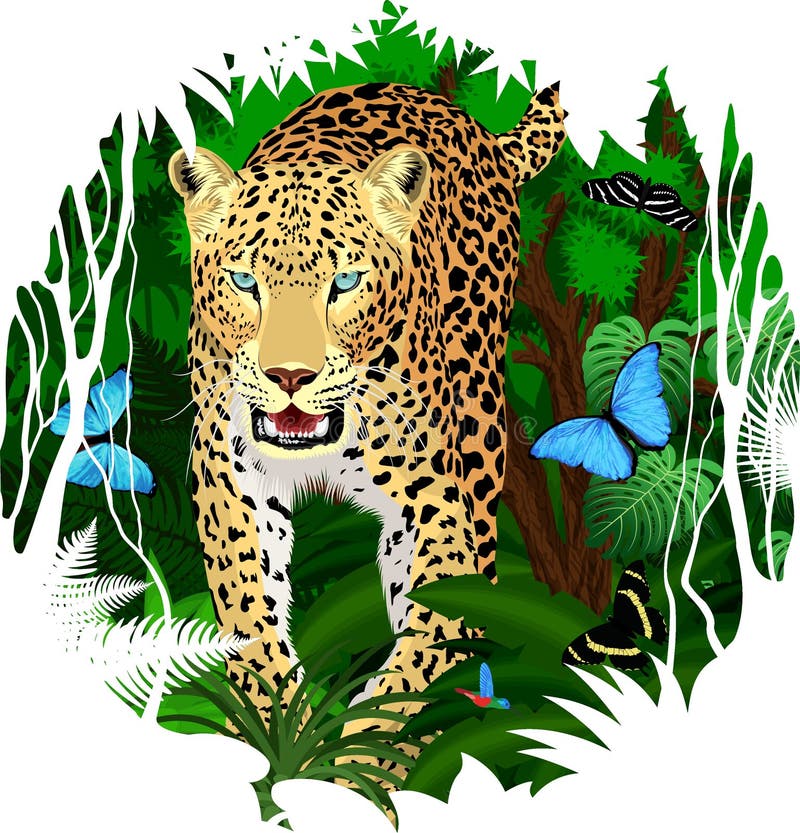 Vector Sticker - Tropical Rainforest Jungle with Jaguar Stock Vector ...