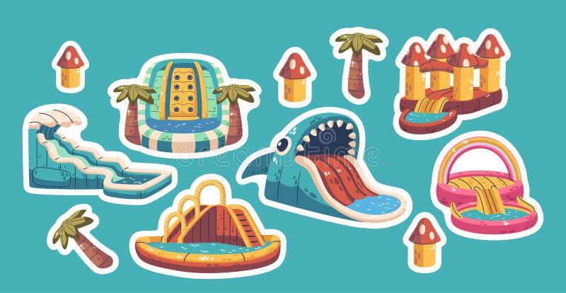 Vector Stickers Set of Inflatable Slides with Pools. Large, Cartoon Air ...