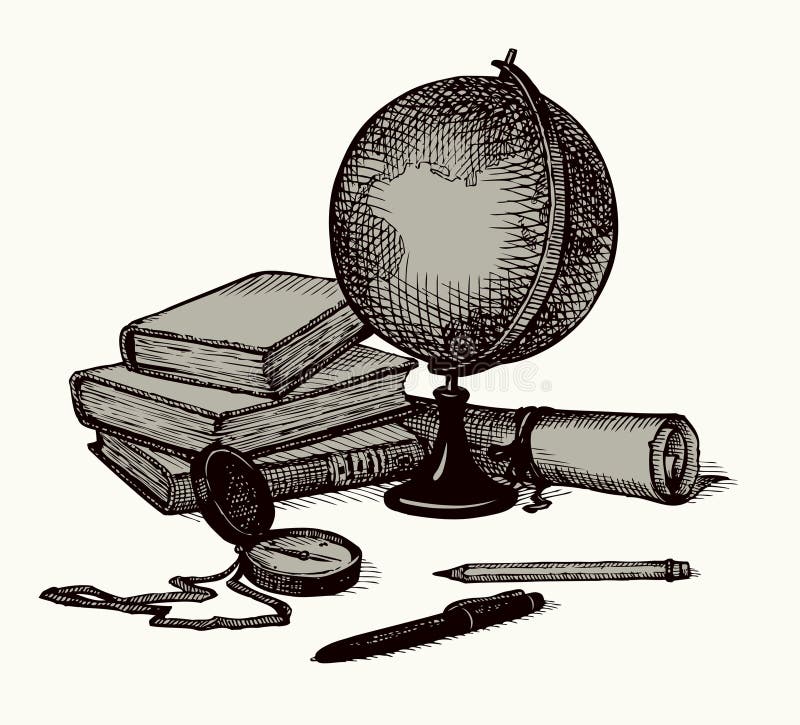 Vector Still Life: a Globe, Books, Map and Compass Stock Illustration ...