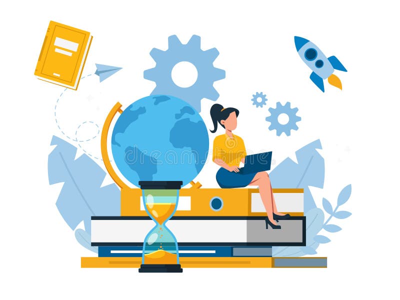 Vector of a Student Studies Reading Books Uses Online Resources Stock ...