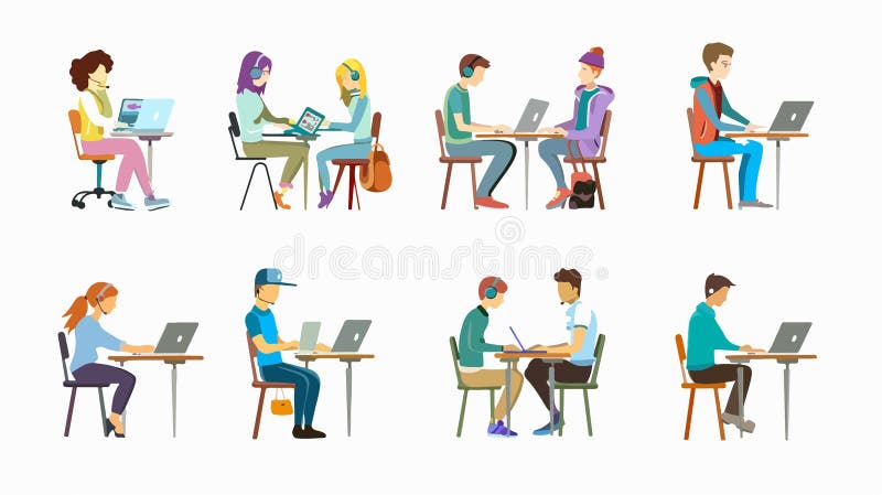 Students Engaged in Online Learning at Home Vector Illustration Stock ...