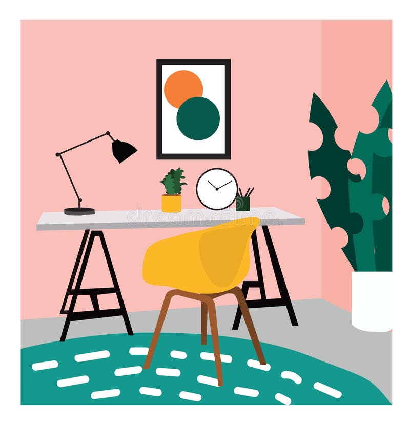 Vector Interior Design Illustration. Office Study Picture. Chair, Desk ...