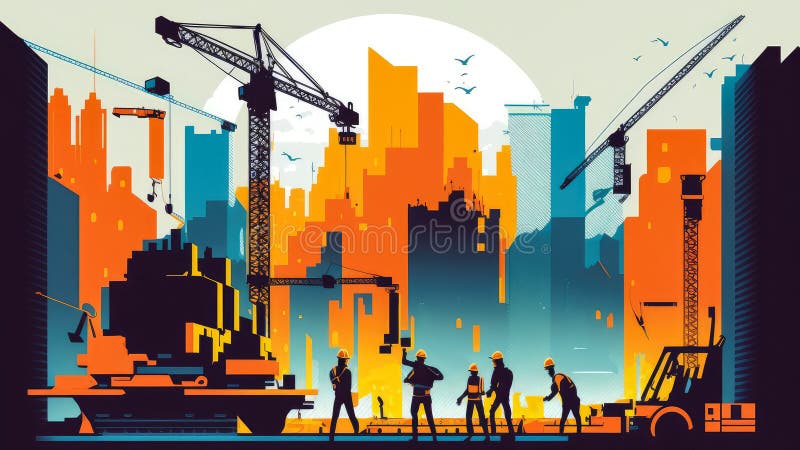 Vector Style Art of a Construction Site with Cranes and Workers in ...