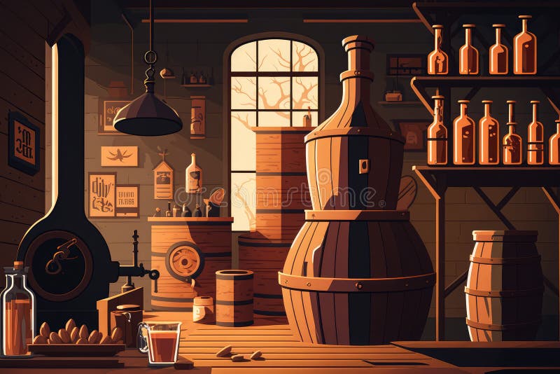 Vector Style Art of a Distillery Interior with Distilled Spirits in ...