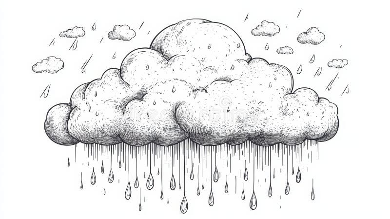 Vector Style Coloring Page Black Line Art of a Single Cloud with Rain ...