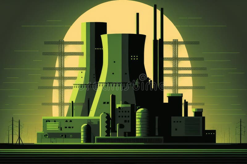 Vector Style Drawing of a Nuclear Power Plant with Reactors and a ...