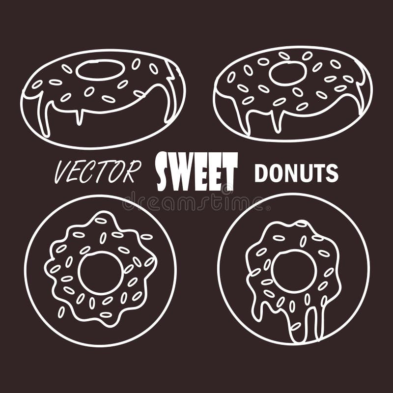 Vector Stylish Drawing of Donuts on Black Background for Template and ...