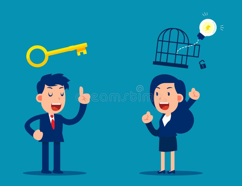 Vector of Successful Businessman with Golden Key Help Unlock Idea Bulb ...