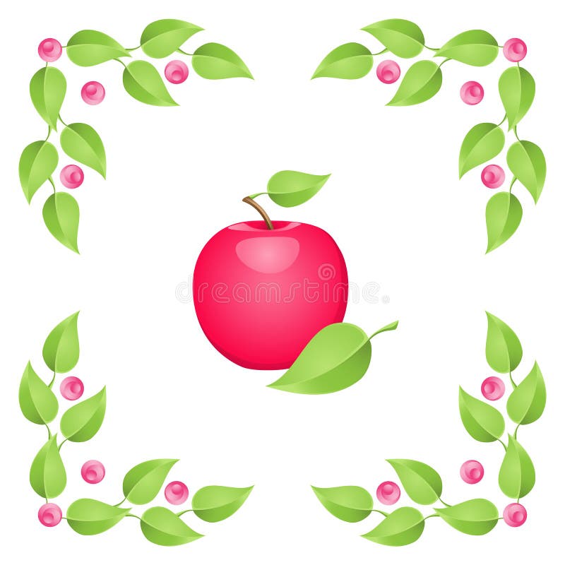 Vector Summer Circle Design Elements with Red Apple and Fresh Green ...
