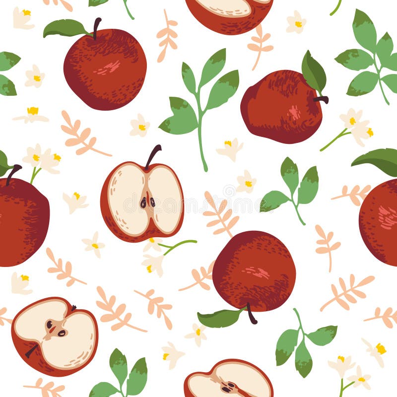 Vector Summer Pattern With Apples Flowers And Leaves Seamless Texture