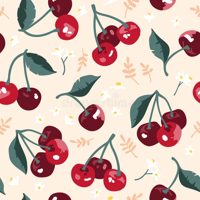 Vector Summer Pattern with Sweet Cherries, Flowers and Leaves. Seamless ...
