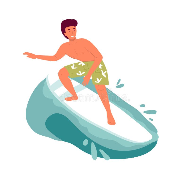 Vector Surfer Character With Surfboard Standing And Riding On Ocean
