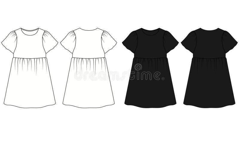Vector Technical Drawing of Short Sleeve Dress for Girls, Front and ...