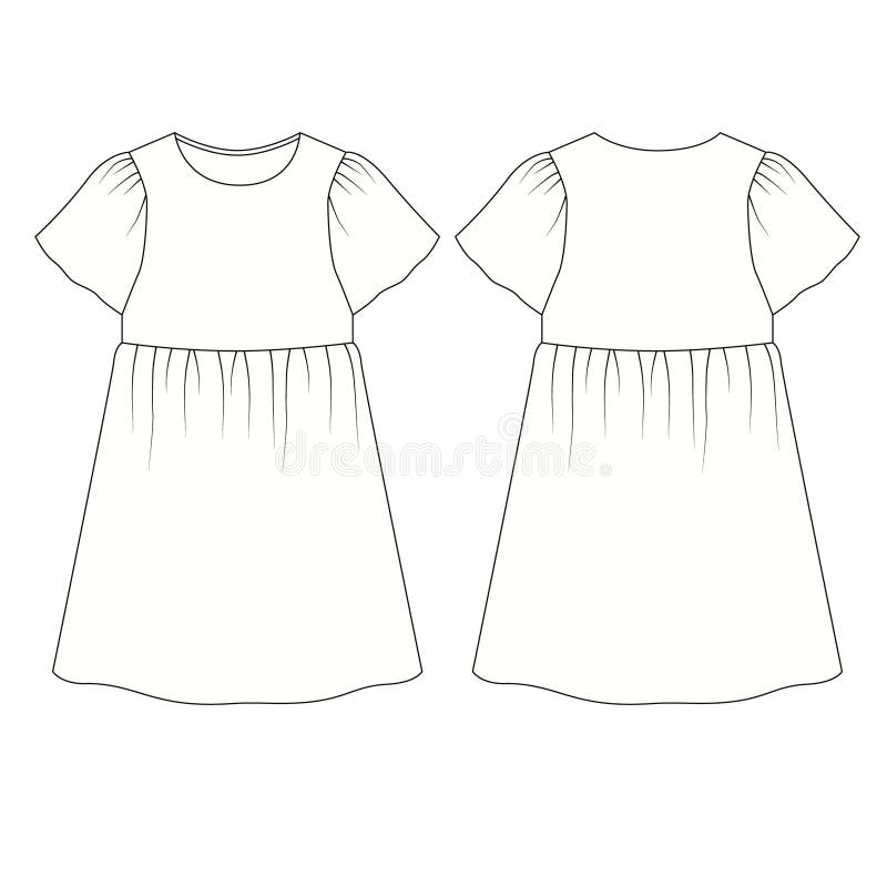 Vector Technical Drawing of Short Sleeve Dress for Girls. Stock ...