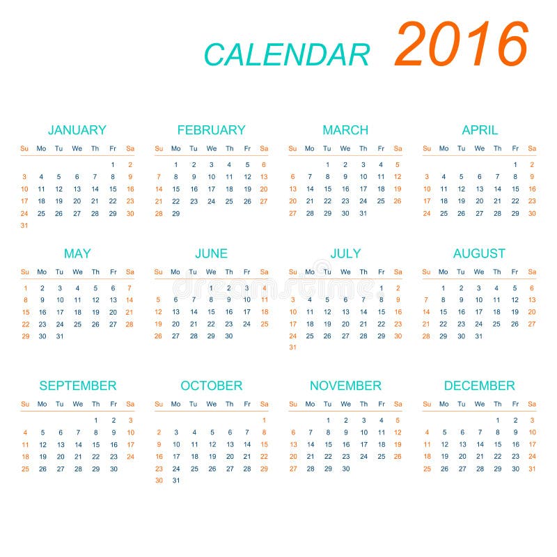 Vector Template Calendar 2016 . Week Starts with Sunday Stock Vector ...