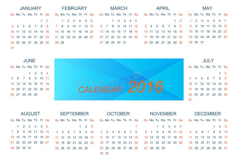 Vector Template Calendar 2016 . Week Starts with Sunday Stock Vector ...