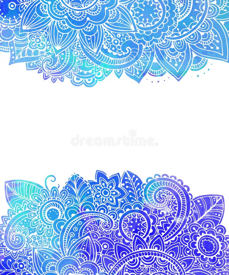Vector Template with Doodle Flowers and Blue Watercolor Texture Stock ...