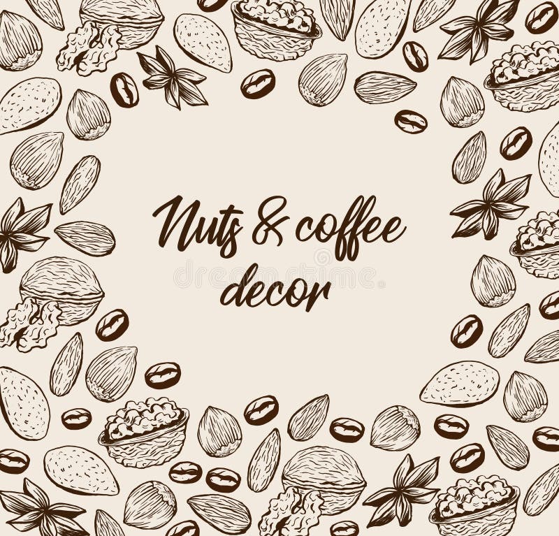 Vector Template with Ink Sketch Nuts and Coffee Beans Background Stock ... Vector Template with Ink Sketch Nuts and Coffee Beans Background Stock ...