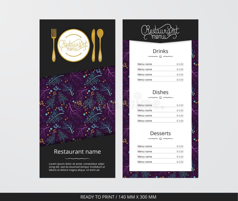 Vector Template Restaurant Menu with Gold Cutlery and Violet Water ...