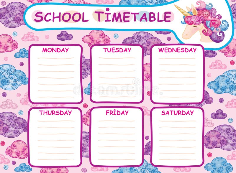 Vector Template School Timetable, Colorful Unicorn and Clouds Cartoons ...