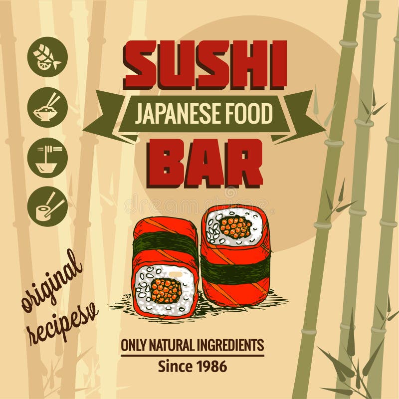 Vintage Sushi Bar Poster. stock vector. Illustration of food - 33926556