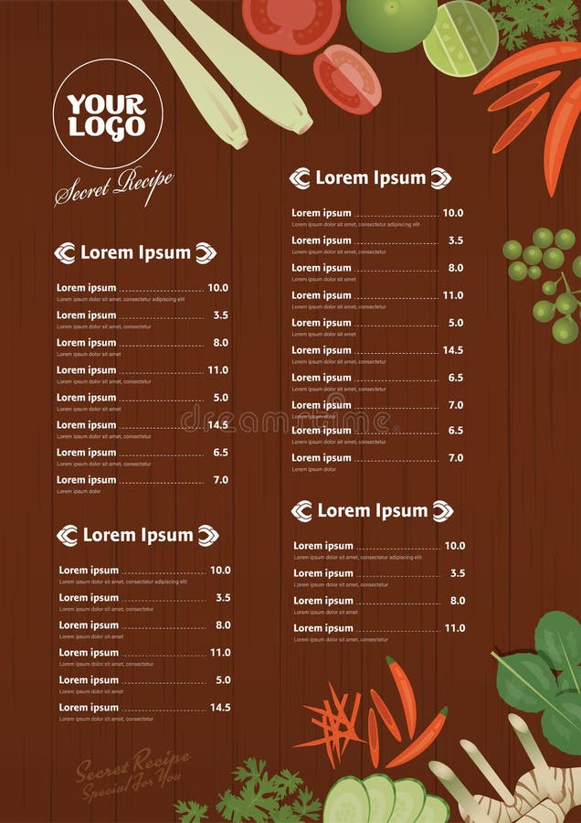 Thai Ingredients Restaurant Menu Template on Wooden Background Stock ...