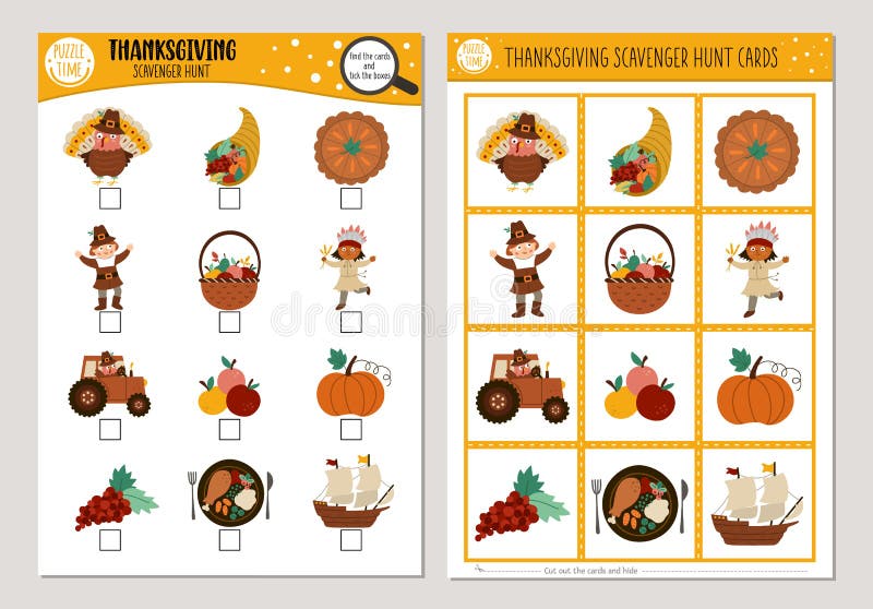 Vector Thanksgiving Scavenger Hunt Cards Set. Seek and Find Game with ... Vector Thanksgiving Scavenger Hunt Cards Set. Seek and Find Game with ...