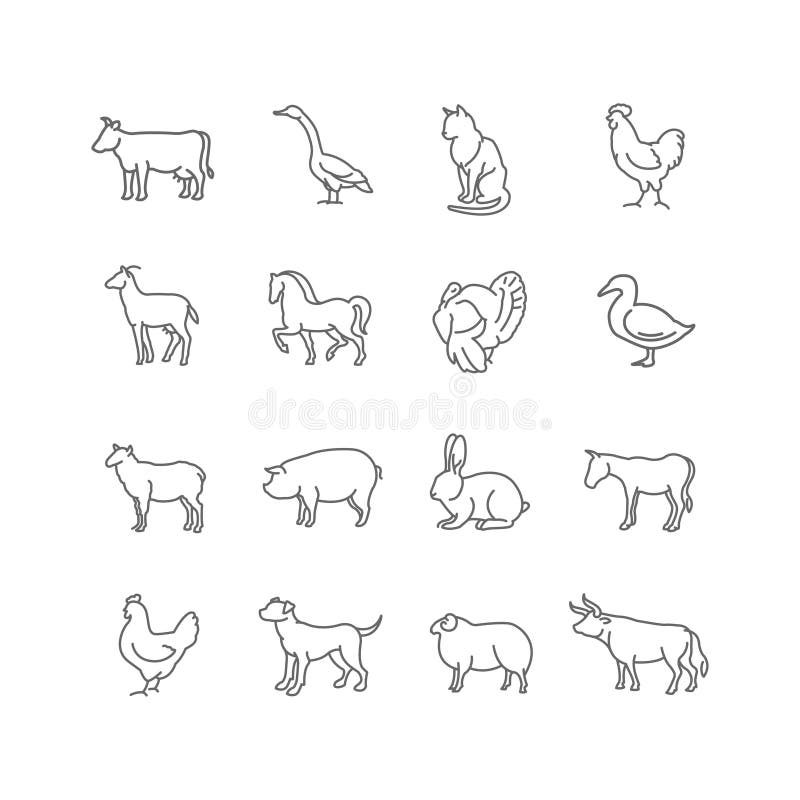Vector Line Set of Farm Animals. Silhouettes Animals Isolated on Stock ...