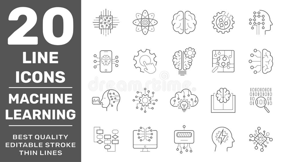 Vector Thin Outline Icons Set with Machine Learning, Smart Robotic and Cloud Computing Network ...