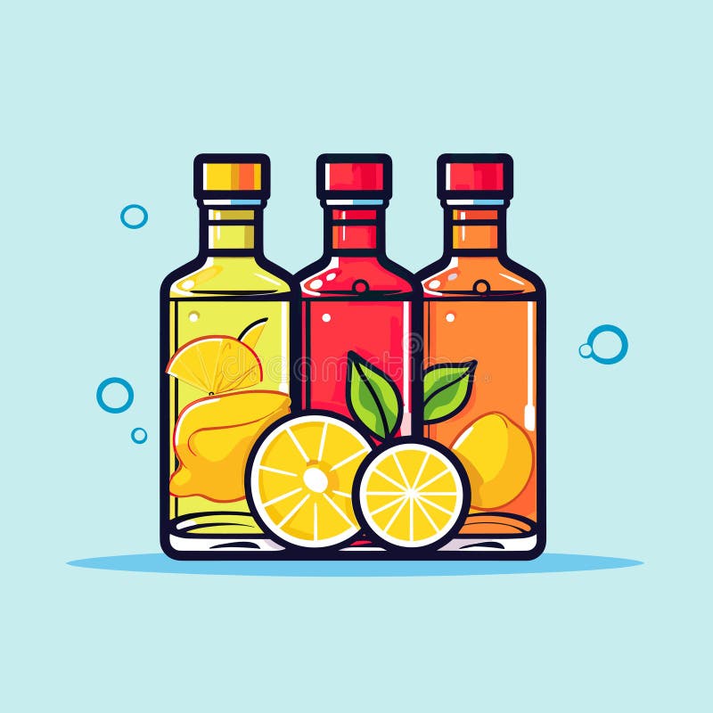 Vector of Three Bottles of Alcohol with Lemons and Limes on a Flat ...