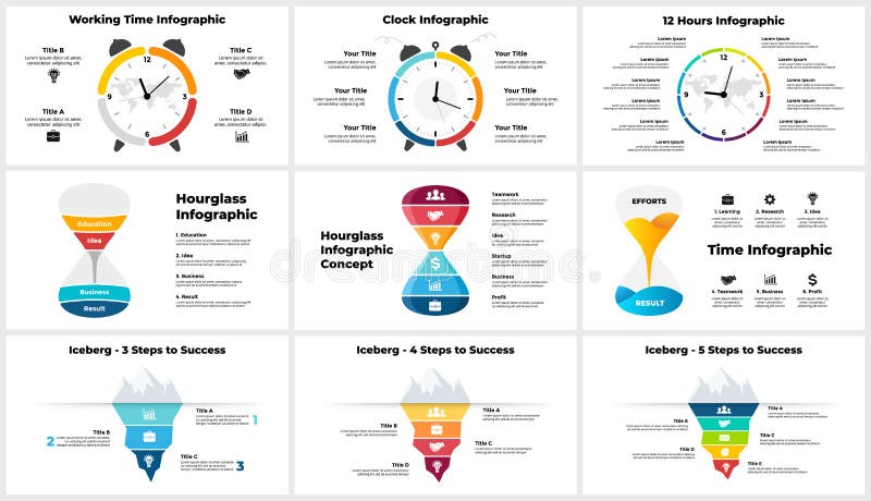 Vector Time Infographic. Clock Circle Diagram. Hourglass Chart. Iceberg ...