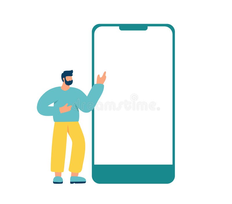 Vector Tiny Man Standing and Pointing at Big Blank Smartphone Screen ...
