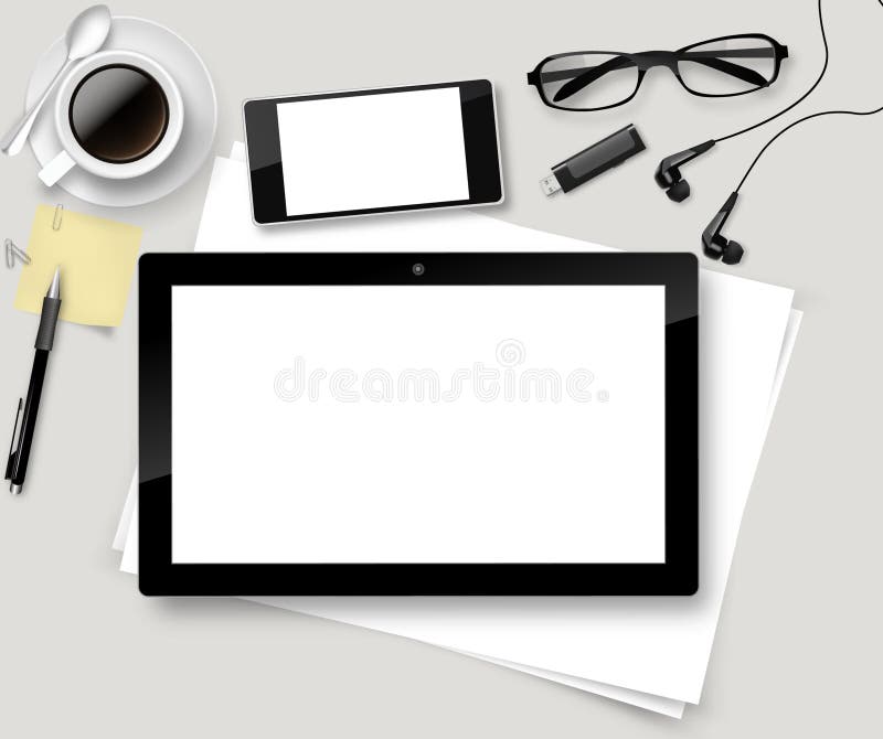 Vector Top Office Table with Cup of Coffee, Papers, Pencil, Tablet ...