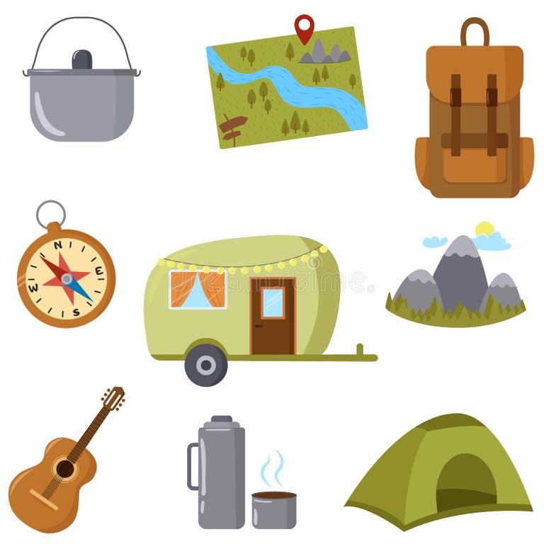 Vector Tourism Set. Camper, Backpack, Map, Compass, Thermos Stock ...