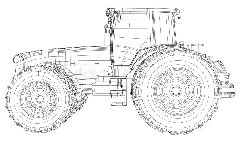 Vector Tractor. Side View. Wire-frame Tracing Illustration of 3d. EPS ...