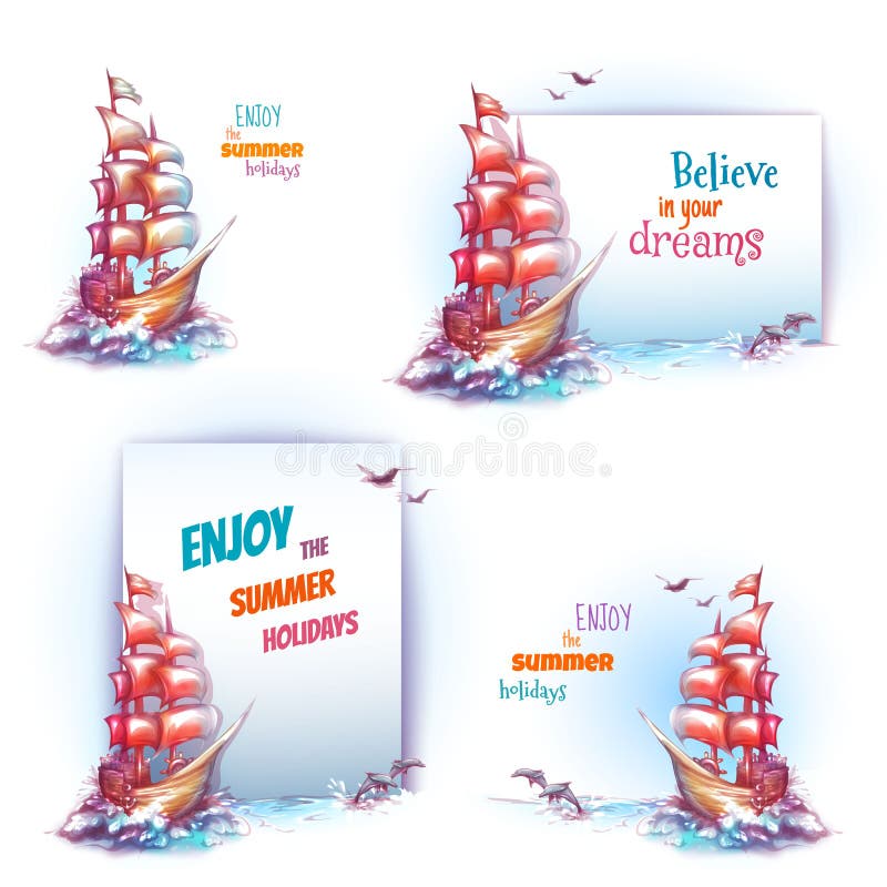 Vector Travel Banner Set with Ship in Ocean Stock Vector - Illustration ...