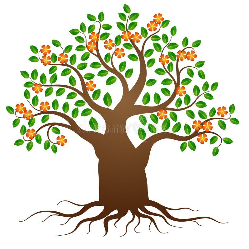 Vector Tree With Roots And Flowers Stock Vector - Illustration of ...