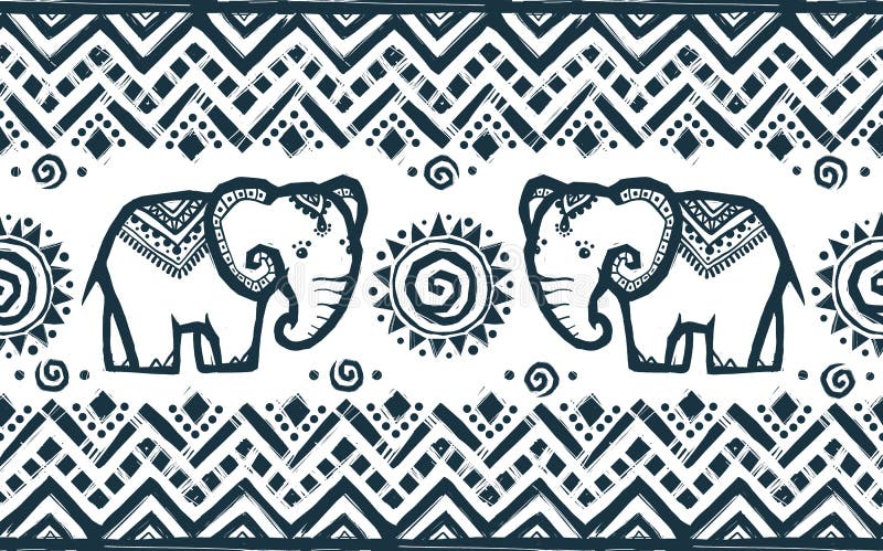 Vector Tribal Ornamental Seamless Pattern with Hand Drawn Elephant ...