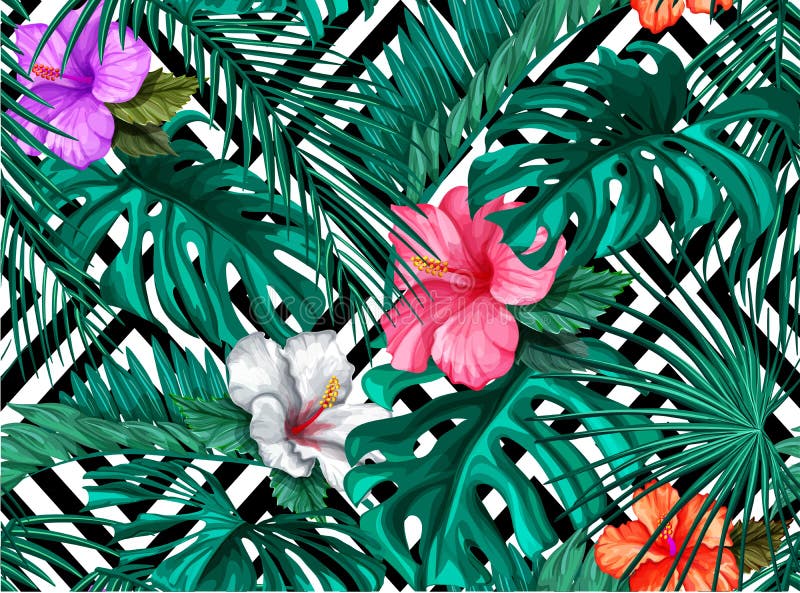 Vector Tropical Leaves, Hibiscus Seamless Pattern Stock Vector ...