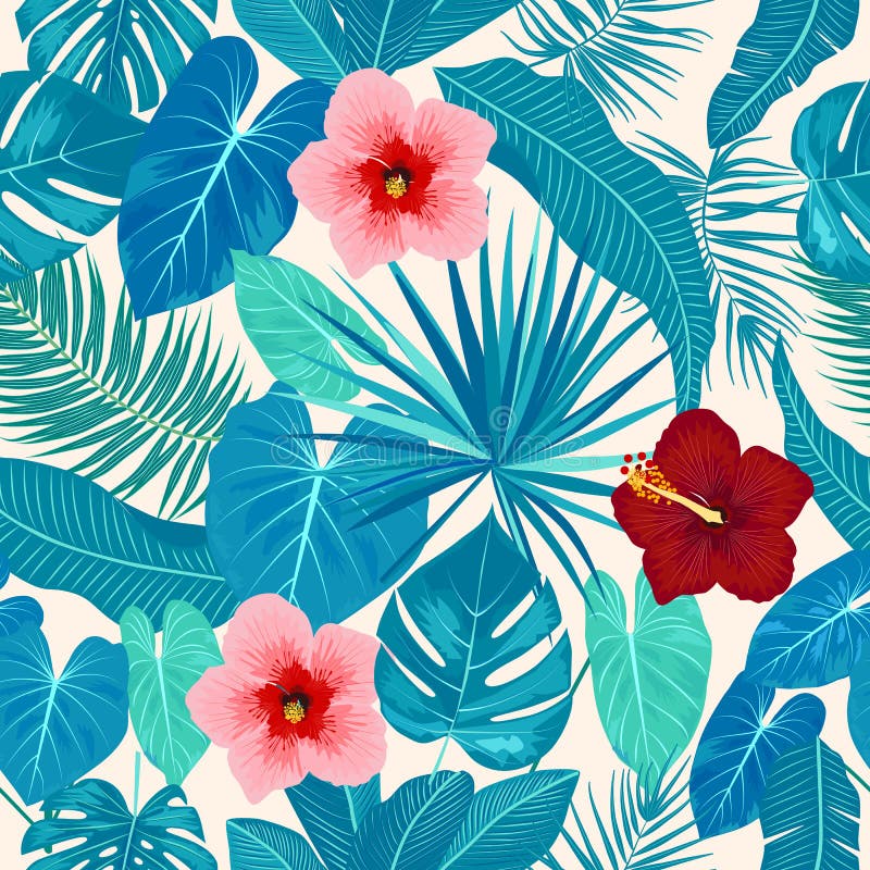 Vector Tropical Seamless Pattern in Blue Colors. Botany Design Stock ...